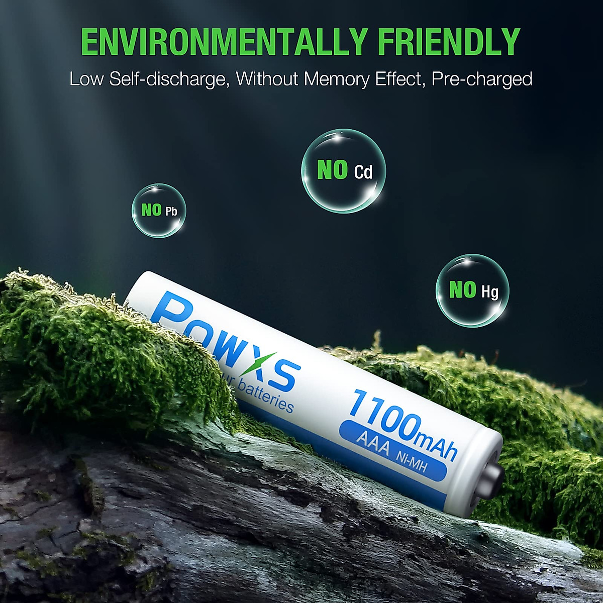 POWXS AAA Rechargeable Batteries, 1.2V 1100mAh Ni-MH Pre-Charged Triple AAA Batteries, High Performance & Long Lasting - 16 Count