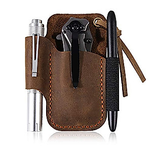 EASYANT Handmade Leather Sheath for Folding Knife Flashlight Organizer EDC Tools Brown