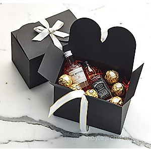 Hayley Cherie - Black Kraft Treat Boxes with White & Gold Ribbons (20 Pack) - 6.5" x 4" x 4" - Thick 400gsm Card - for Favors, Gifts, Parties, Christmas, Birthdays, Bridesmaids, Weddings, Groomsmen
