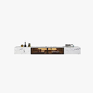 86" Modern Wall-mounted Entertainment Center, Floating TV Stand with 2 Storage Cabinet and 2 Drawers White Sintered Stone TV Console with Motion Sensor LED, Fully-assembled, for Living Room Bedroom