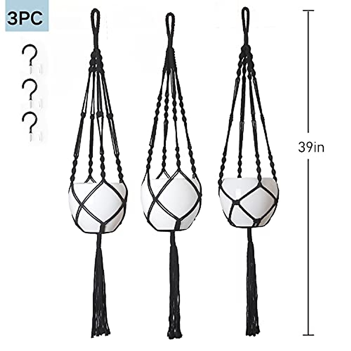 PROTITOUS Macrame Plant Hanger 3pcs Black Indoor Hanging Planter Basket Flower Pot Holder Cotton Rope with Ceiling Hook,Same Size,4 Legs 39 Inch