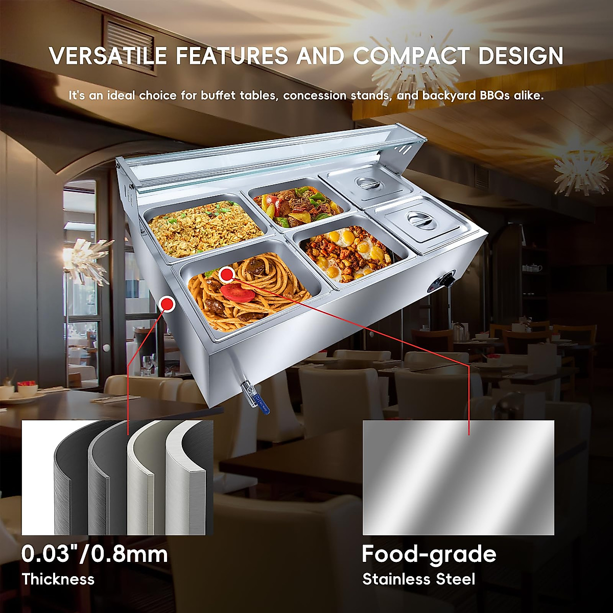 GAOMON 6-Pan Commercial Food Warmer, Electric Steam Table 12QT/ Pan, 1500W Countertop Stainless Steel Buffet Bain Marie with Tempered Glass Cover, Temperature Control for Buffet Party Restaurant
