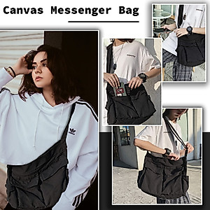 Canvas Messenger Bag Large Hobo Crossbody Bag with Multiple Pockets Casual Shoulder Tote Bag for Women and Men