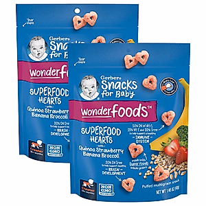 Gerber Snacks for Baby Wonder Foods SuperFood Hearts with Quinoa Strawberry Banana Broccoli, Puffed Multigrain Snack, Non-GMO Ingredients, Resealable Pouch 1.48 Ounce(Pack of 2)