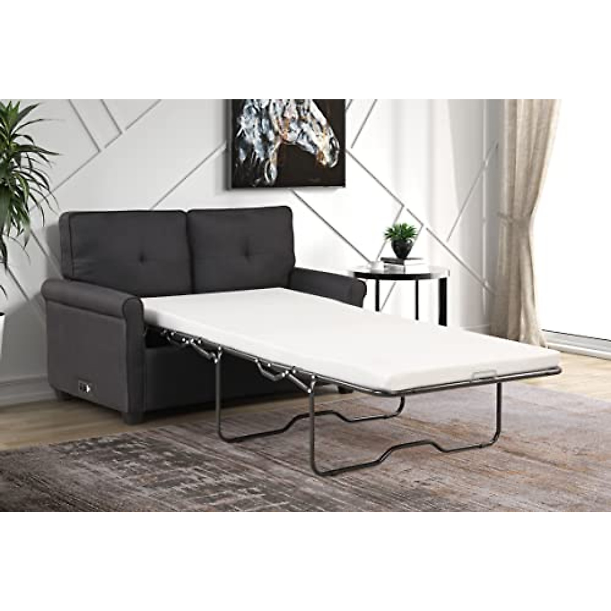 JUBILOOM Pull Out Sofa Couch, Folding Futon Sleeper Bed with 2 USB Ports, Convertible Twin Loveseat Furniture for Compact Small Space, Dorm, Living Room Apartment, Office (Black)