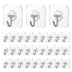 hoeslaw Self Adhesive Wall Hooks, 30 Pcs Heavy Duty Hooks for Hanging 15lbs(Max) No Damage, Transparent Seamless Waterproof Rustproof Stainless Steel Bathroom Shower Outdoor Kitchen Towel Coats Hooks