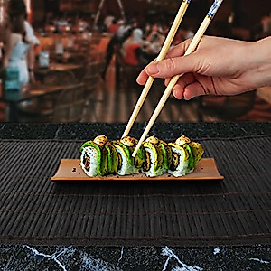 BambooMN 6 Piece, 2 Sets of 7" Reusable, Eco-Friendly, Carbonized Brown Bamboo Sushi Serving Plates/Trays: Chopsticks, and Soy Sauce Dishes Included!