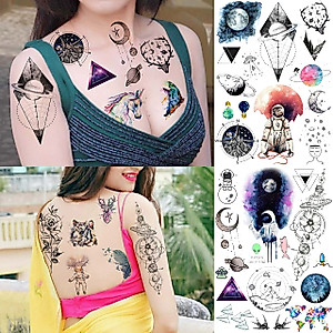 32 Sheets Cute Outer Space Temporary Tattoos For Kids Women, Watercolor Astronaut Planets Star Moon Fake Tattoo Sticker for Boys Girls Children