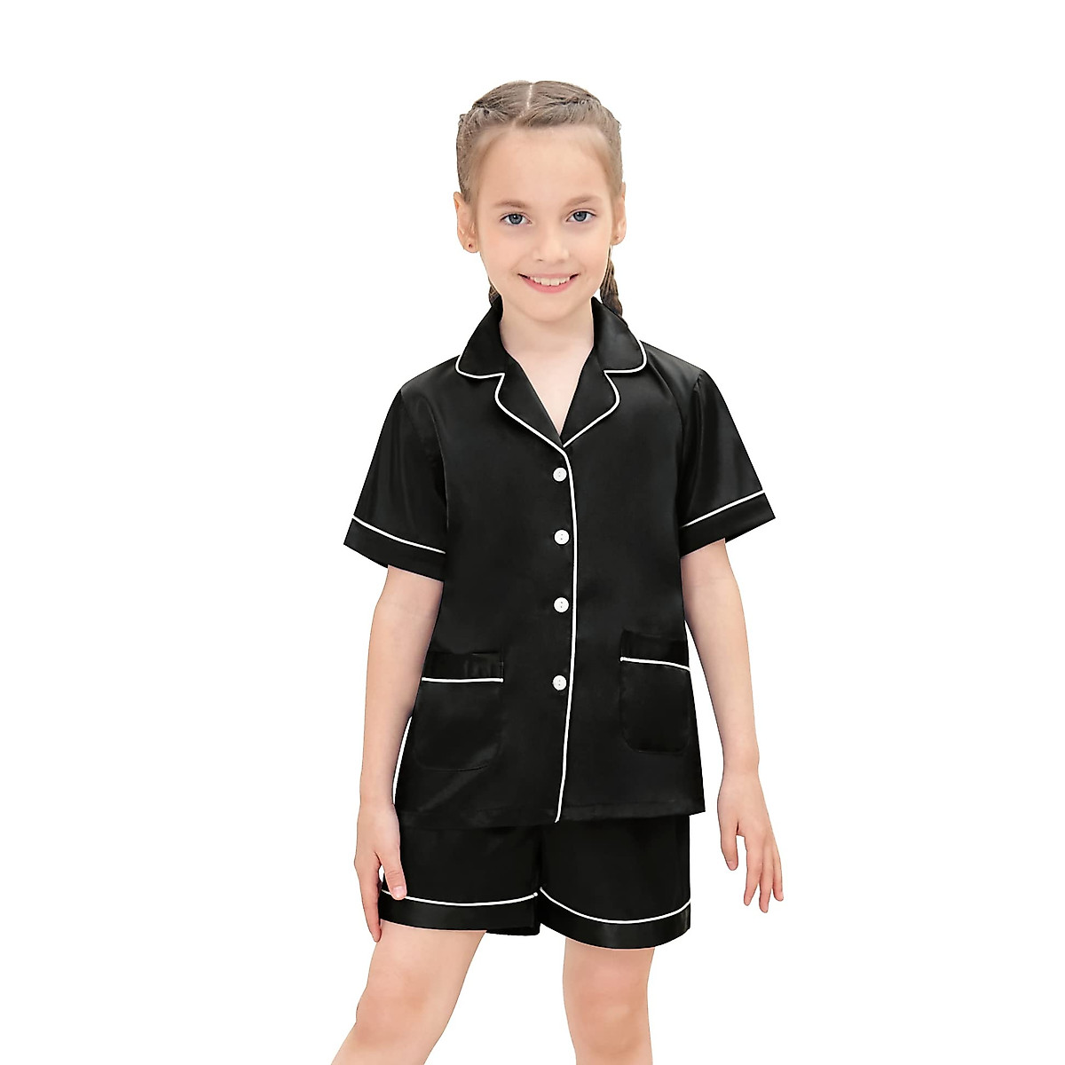 SWOMOG Satin Kid Pajamas for Girls Silk Pjs Set with 2 Pockets Boys Sleepwear Button-up Lounge Sets Short Sleeve Nightwear Black