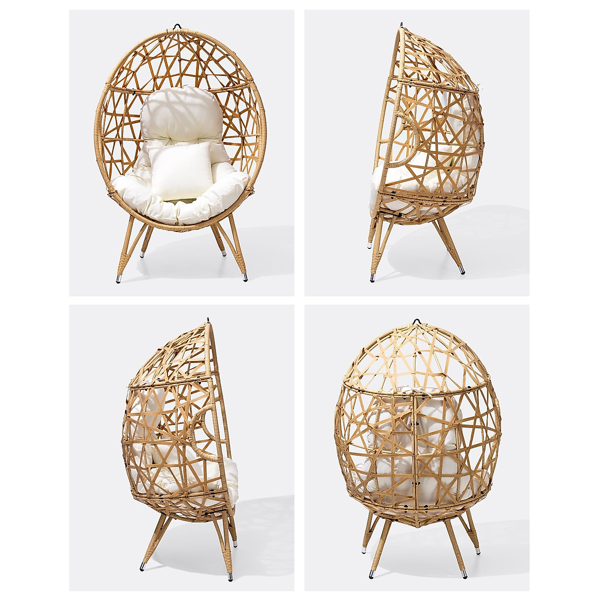 Crestlive Products Patio Wicker Egg Chair with Cushion and Pillow, Oversized Rattan Hanging Basket Lounge Chair with Legs, Teardrop Cuddle for Indoor Outdoor Bedroom Garden Deck Balcony (Beige)