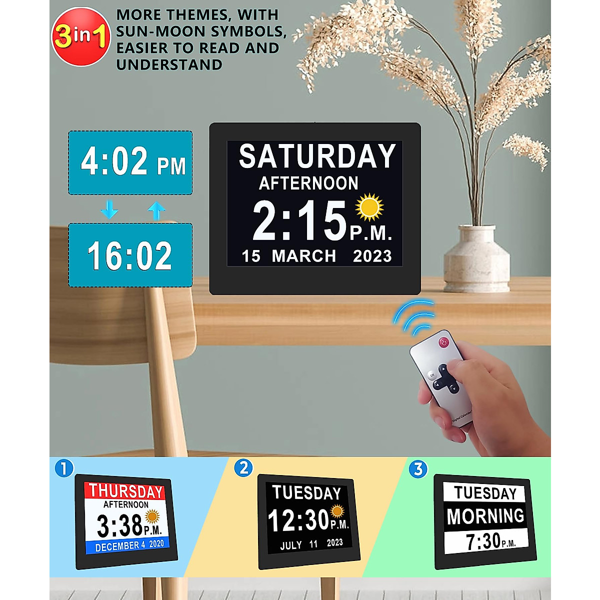 Véfaîî Digital Clock 2.0 with Date and Time for Elderly, 19 Alarms Custom Reminders, Dementia Clock for Seniors, Loud Alarms, Auto DST, Memory Function, Easy to Read (8" Large Black)