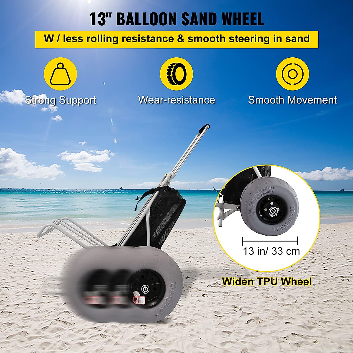 VEVOR Beach Carts for Sand, 14" x 14.7" Cargo Deck, w/ 13" TPU Balloon Wheels, 165LBS Loading Capacity Folding Sand Cart & 29.5" to 49.2" Adjustable Height, Heavy Duty Cart for Picnic, Fishing, Beach