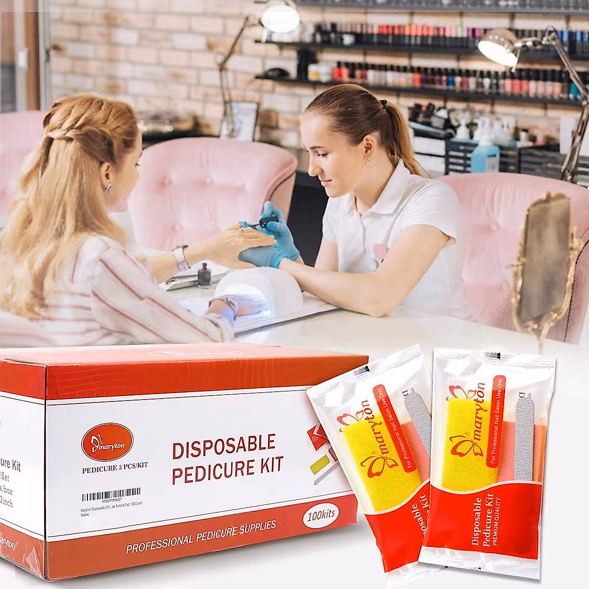 Maryton Disposable 3-Piece Pedicure Kit, Wood Nail File 100/180 Grit, Orange Buffer 80/100 Grit, Yellow Pumice Pad, 100-Count