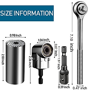 Mokoze Universal Socket Tool, Ratchet Wrench with 1/4"-3/4" (7mm-19mm) 105 Degree Right Angle Drill Attachment 4Pc Set for Daily Maintenance, Home Renovations Remodels