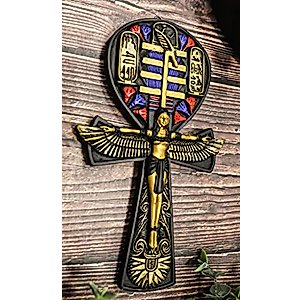 Ebros Crux Ansata Egyptian Ankh Of Isis With Open Wings And Cartouche Hieroglyphs Wall Decor Accent 3D Plaque Figurine 7.5" High Symbol of Life And Balance Gods Of Egypt (Colorful Black And Gold)
