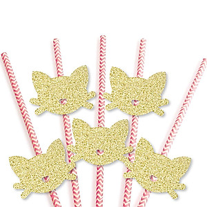Big Dot of Happiness Gold Glitter Cat Party Straws - No-Mess Real Gold Glitter Cut-Outs and Decorative Purr-FECT Kitty Cat/Kitten Meow Baby Shower or Birthday Party Paper Straws - Set of 24