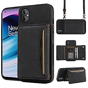 Phone Case For OnePlus Nord N20 5G Wallet Cover with Crossbody Shoulder Strap and Leather Credit Card Holder Pocket Slim Cell Accessories One Plus N 20 G5 1 Plus 20N 1plus One+ 1+ N205G Girls Black