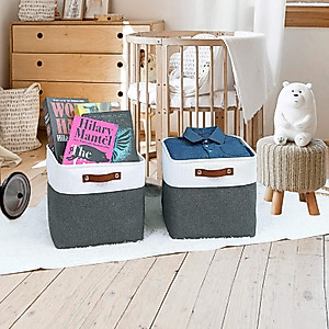 WANMEI Foldable Cube Storage Bins 13x13x13 IN 3 Pack Collapsible Sturdy Cationic Fabric Storage Basket with Leather Handles for Organizing Shelf Nursery Home Closet Office(Grey and White)