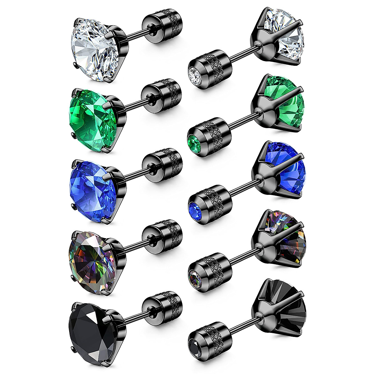 FIBO STEEL 5 Pairs Titanium Screw Back Surgical Stainless Steel Stud Earrings for Women Men,Rainbow 5A Cubic Zirconia Studs Double Side Earrings Piercing Sleeper Studs Jewelry 6mm Black Round