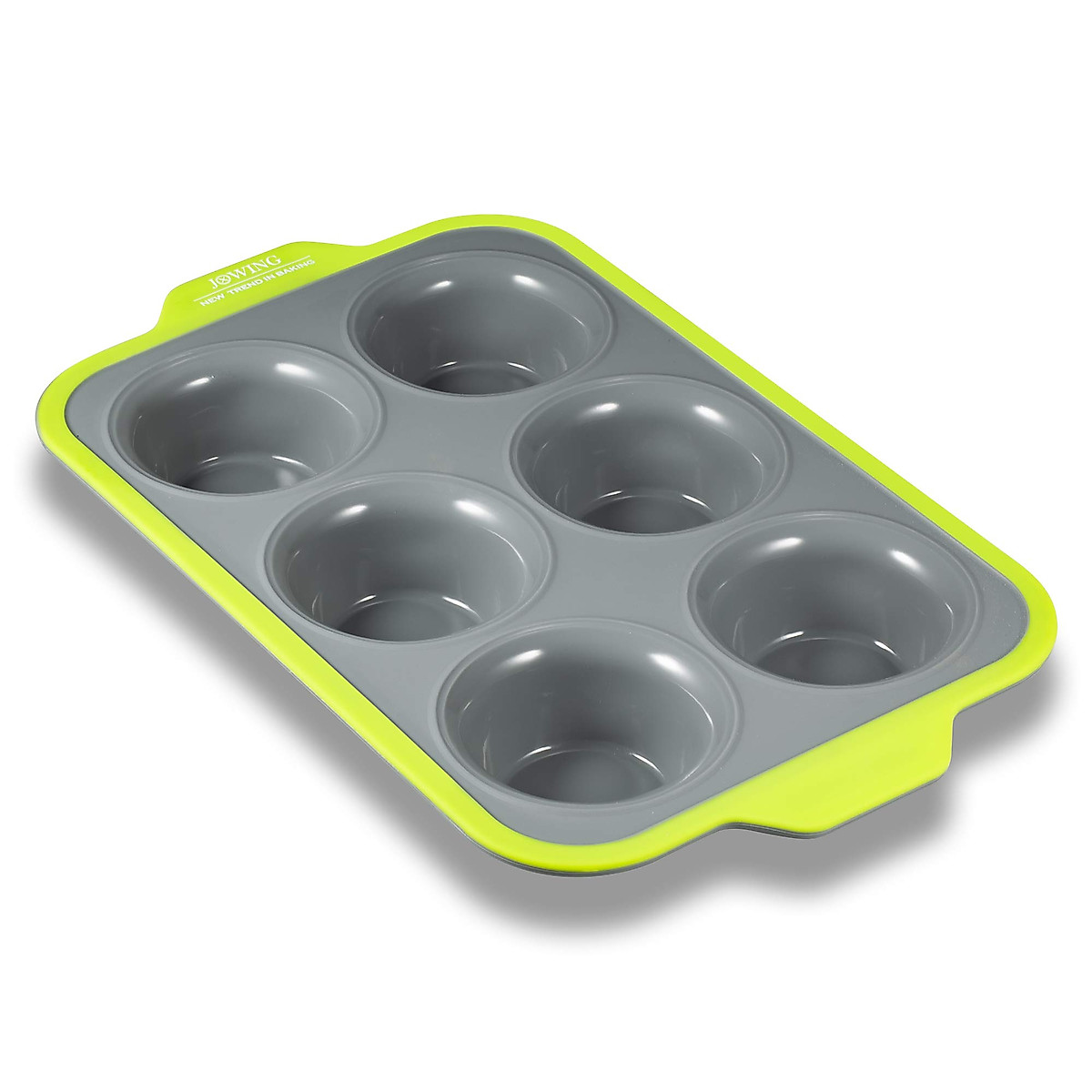 JXWING 6 Cups Non-stick Silicone Cupcake Baking Pan with Ergonomics Grips, Premium Stainless Steel Core Muffin Pan, Green