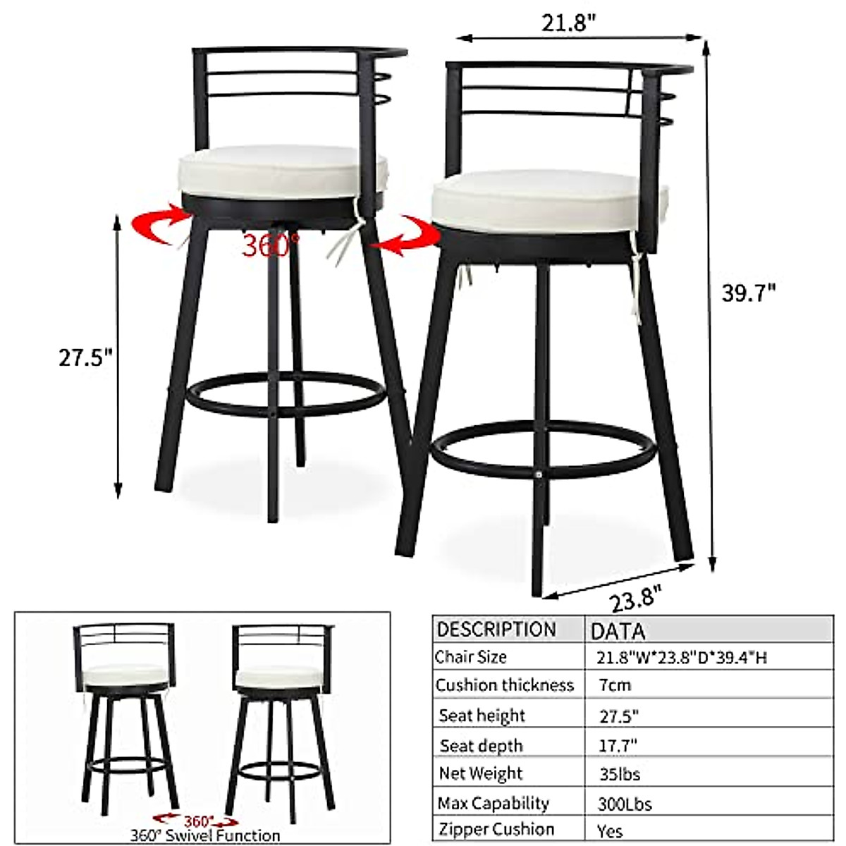 PatioFestival Patio Swivel Bar Stools Set of 2,Outdoor High Bistro Stools&Bar Chairs with Curved Backrese,Morden Cushioned All-Weather Bar Dining Chair Patio Furniture for Deck Lawn Garden
