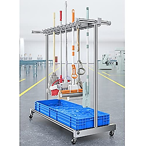 LOJOO Floor Standing Movable Mop Broom Holder Utility Racks, Put Wet mops Cleaning Tool Rack Stainless, Cleaning Tool Cart Storage, for Schools Hospitals Factories Hotels Restaurant