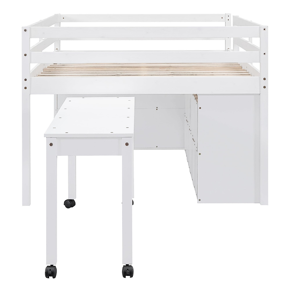 Full Size Low Loft Bed with Rolling Portable Desk, Full Bed Frame For Kids With Storage Cabinet, Drawers and Shelves, Multiple Functions Wood Loft Bed Frame for Girls Boys, Space Saving, White