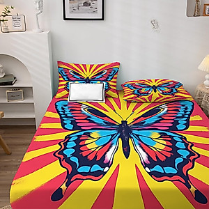 Butterfly Sheets Full Size, Vintage Rainbow Bed Sheets, Patterned Bedding Sheets & Pillowcases 4 Piece Set - Soft Microfiber Deep Pocket Fitted Sheet & Flat Sheet & 2 Pillow Cases Z9-&-162