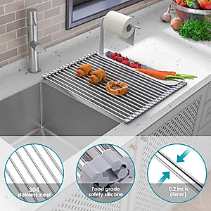 NiHome Roll Up Dish Drying Rack with Sink Caddy Expandable, Over The Sink Dish Drying Rack Portable Stainless Steel Rolling Rack Multipurpose Sponge Holder for Kitchen Sink