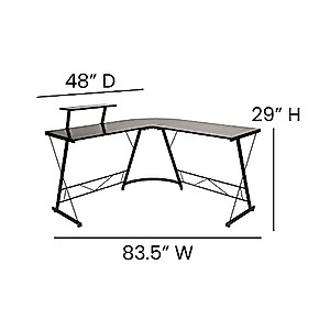 Flash Furniture Ginny Corner Desk - Black/Black Space Saving L-Shaped Gaming Desk with Monitor Shelf - 71.5" 2-Tier Computer Desk, Home Office Desk, Easy Assembly