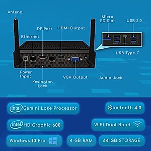 AZULLE Byte4 Pro Fanless Mini Desktop PC 4GB/64GB with Keyboard - Business & Home Powerful Portable Computer, WiFi, Ethernet, Windows 10 Pro
