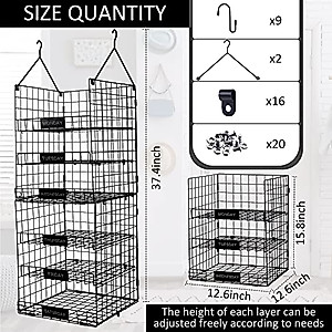 6 Tier Metal Hanging Closet Shelves Closet Hanging Organizer Wire Clothes Shelves with 9 S Hooks and 6 Name Plates Wall Mount Storage Basket Bins for Clothing Sweaters Shoes Handbags Clutches (Black)