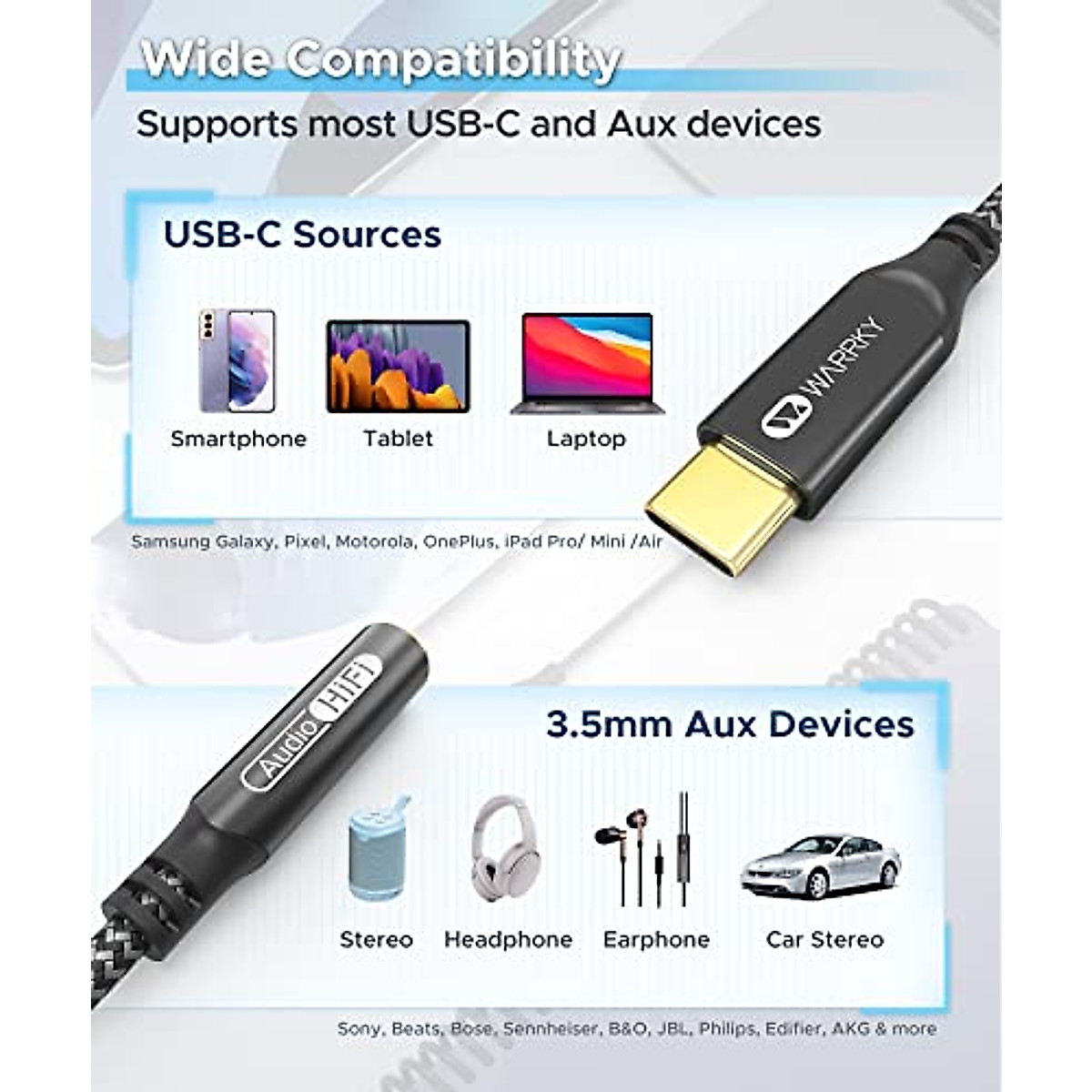 Warrky USB C to 3.5mm Audio Headphone Adapter【Flawless 24bit Hi-Res Sound Quality】 Type-C to Headphone Jack Compatible with Samsung Galaxy S22/S21/S20 Plus, Pixel 6/5/4, iPad Pro, Motorola-Black