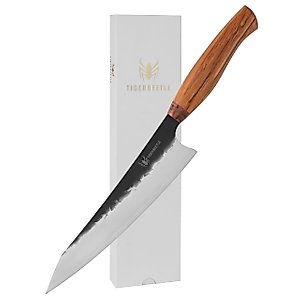 TIGERBEETLE SKD11 Triple Clamp Steel 8.5 inch Chef Knife SKD11 Japanese Steel Chef Knife for Home Kitchen and Dining Room (Huanghua Pear Wood+Olive Wood)
