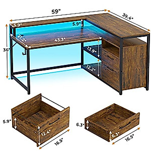 SEDETA L Shaped Computer Desk, 59'' Corner Office Desk, Office Desk with Drawers, Legal/Letter/A4 File Drawers, Headphone Hook and Monitor Shelf, Home Office Desks for Printer, Rustic Brown