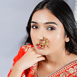 LoveNspire Antique Pressing Loop Nose Ring with Gold Plating Clip on Marathi Nath Nosepin Jewelry for Women Bollywood Style Indian Snap on Nose Ring Jewelry Gift Non-piercing Nosepin