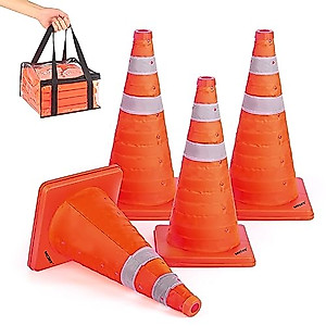 BATTIFE [4 Pack] 18'' inch Collapsible Traffic Safety Cones, Orange Cones, Multi Purpose Pop-up Cones with Reflective Collar, for Road Parking, Driving Practice
