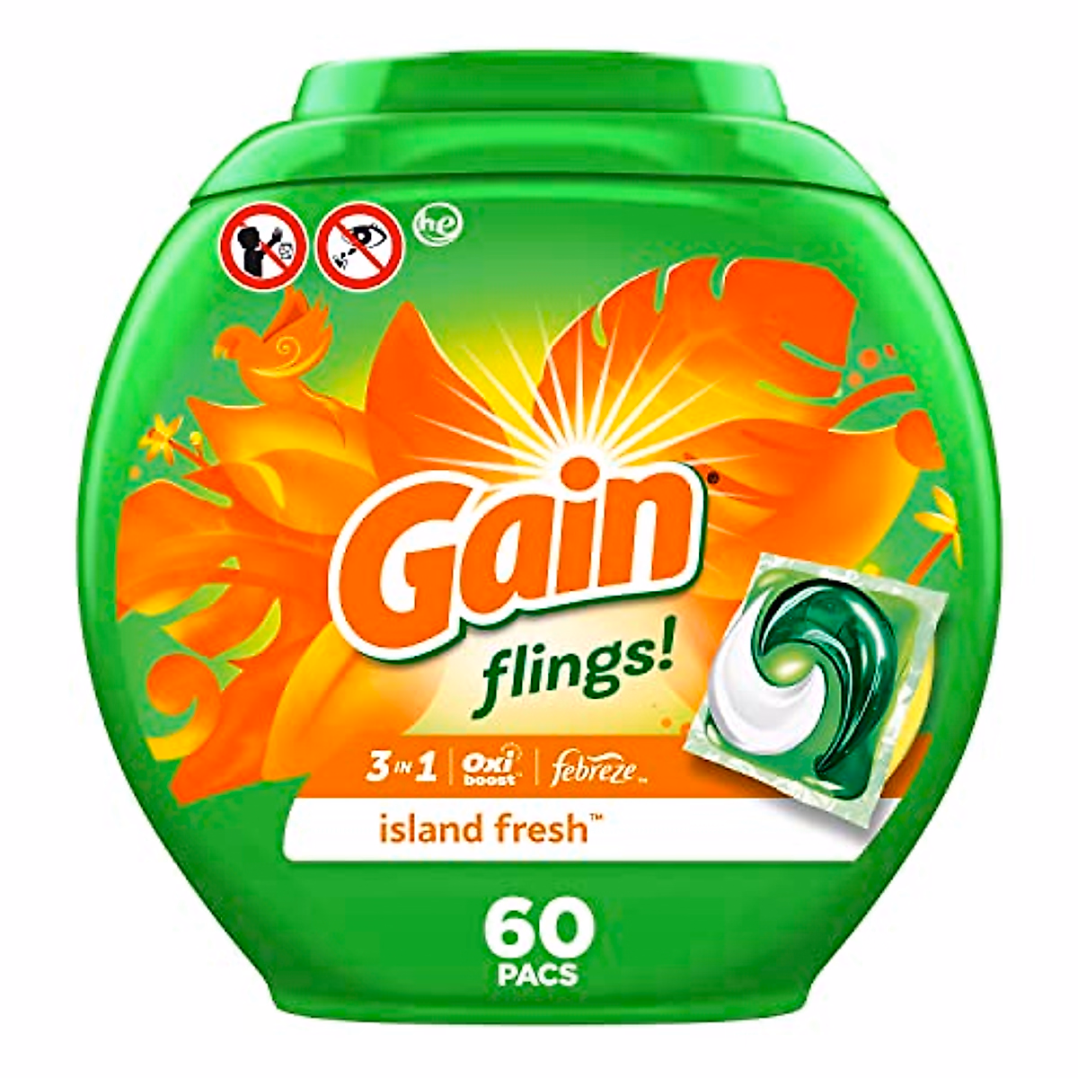 Gain flings! Laundry Detergent Soap Pacs HE Compatible 60 ct Long Lasting Scent Island Fresh