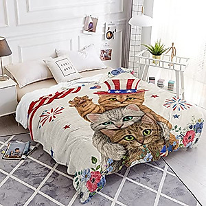 Flannel Fleece Throw Blanket Cute Cat USA Flag Independence Day Star Poppy Floral,Lightweight Cozy Warm Throws Patriotic Fireworks on Cotton,Soft Plush Blankets for All Seasons,Bed Couch Car 50x60in