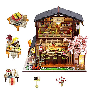 SYW DIY Miniature Dollhouse Kit with Furniture and LED Light，Japanese Sushi Shop Wooden Dollhouse, 1:24 Scale Creative Doll House Toys for Teen