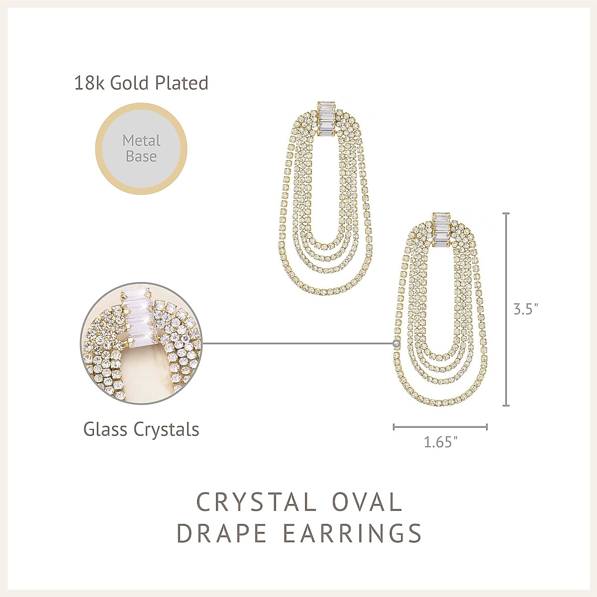 Ettika Dangle Earrings for Women. Crystal Oval 18k Gold Plated Drape Earrings. Fashion Jewelry