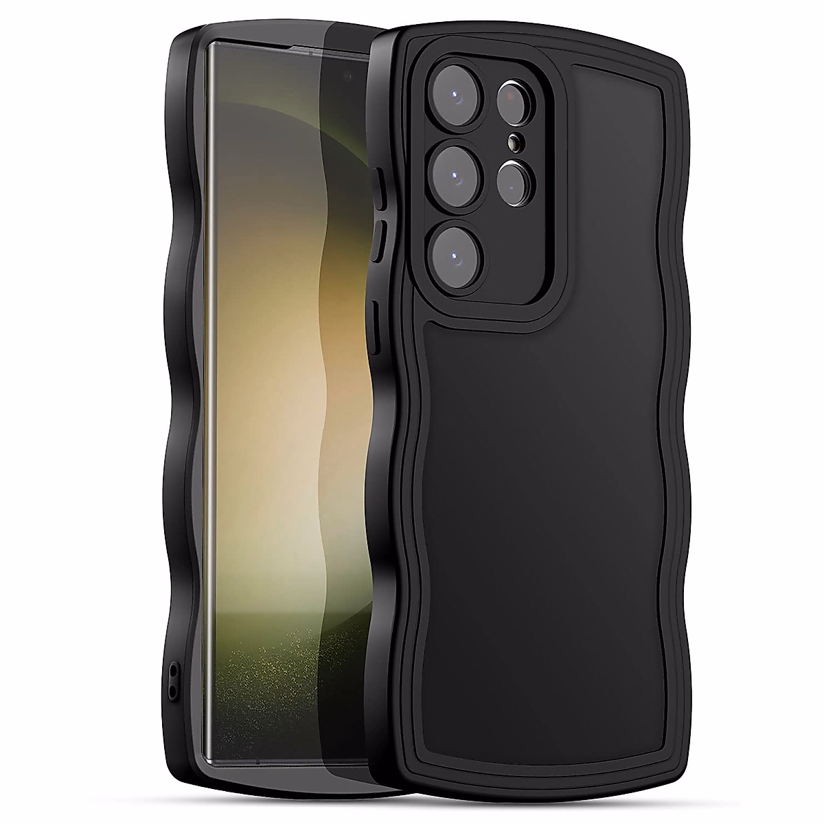 AICase Cute Solid Color Curly Wave Frame Soft Compatible with Samsung Galaxy Phone Case (Black, Galaxy S20 Ultra)