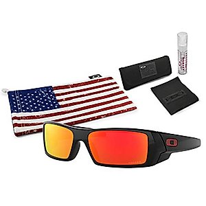 Oakley Gascan Sunglasses (Polished Black Frame, Prizm Ruby Lens) with Lens Cleaning Kit and Country Flag Microbag