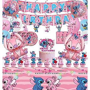 Pink lilo Birthday Party Supplies, Birthday Decorations Set Include Banner, Balloons, Cake Cupcake Toppers,Spiral Lifters,Plates,Napkins, Tablecloth for Girls and Boys Pink lilo Theme Party
