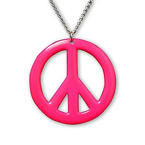 Real Metal Hot Pink Hippie Peace Sign Pendant Necklace Enamel on Pewter Cosplay Jewelry