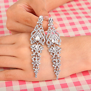 BriLove Wedding Bridal Dangle Earrings for Women Crystal Cluster Teardrop Earrings Clear Silver-Tone