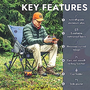 Dowinx Folding Rocking Camping Chair, Portable Outdoor Rocker for Patio, Garden, Lawn, Supports up to 300 lbs, Black