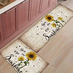 Rugs Set 2 Piece Kitchen Rugs, Taupe You are My Sunshine Sunflower Retro Letter Soft Waterproof Non-Slip Rubber Backing Floor Mats Doormat Bathroom Runner Area Rug Carpet, 15.7x23.6in + 15.7x47.2in