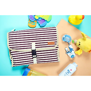 Simple Being Portable Changing Pad, Travel Diaper Canvas Clutch Mat, Diaper Bag Essential with Storage Pockets for Wipes and a Supportive Foam Head Pillow Padding (Red Stripe)