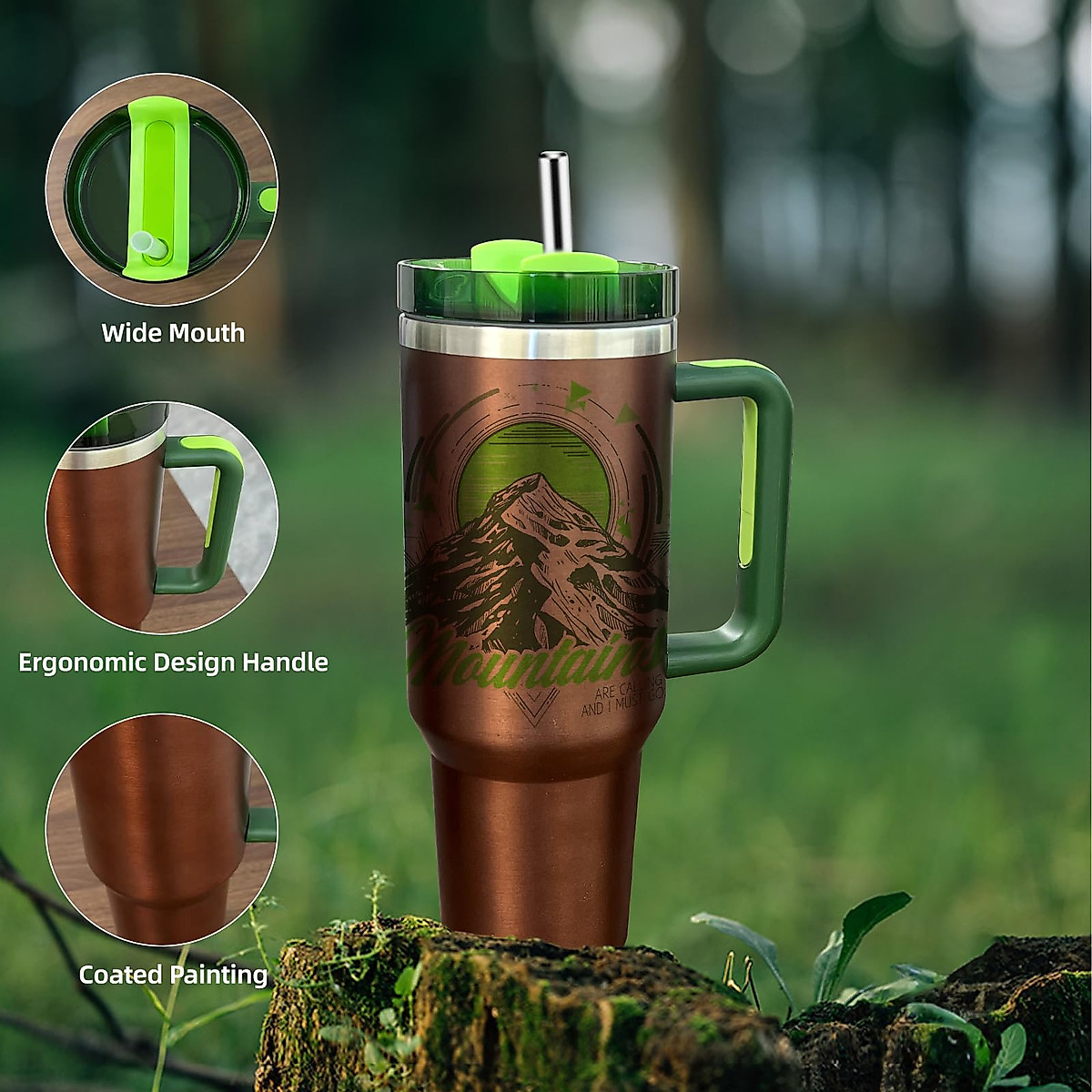 AGH 2 Pack 40 oz Sublimation Rose Gold Tumbler with Black Green Handle and Stainless Steel Straw, Insulated Double Wall Vacuum Reusable Cups with Green Leakproof Lid